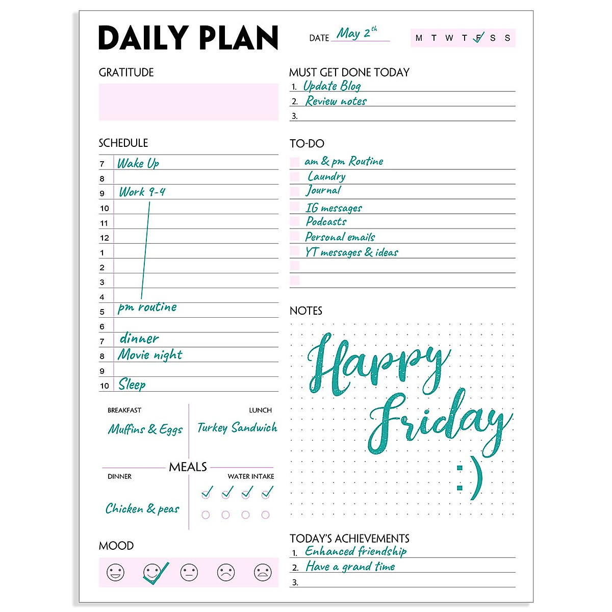 Daily Planner Notepad - Tear-Off Daily Planning Pad, Organizer with To Do Lists, Schedule, Appointment, Productivity Tracker, 50 Undated Sheets, 8.5 x 11 in