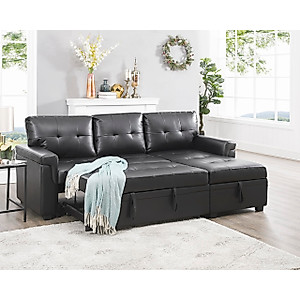 Naomi Home Jenny Sectional Sofa Sleeper with Storage Chaise, Tufted Pull Out Couch with Storage, Sectional Sofa Bed, L-Shaped Reversible Sleeper Sofa with Storage, Black,Air Leather