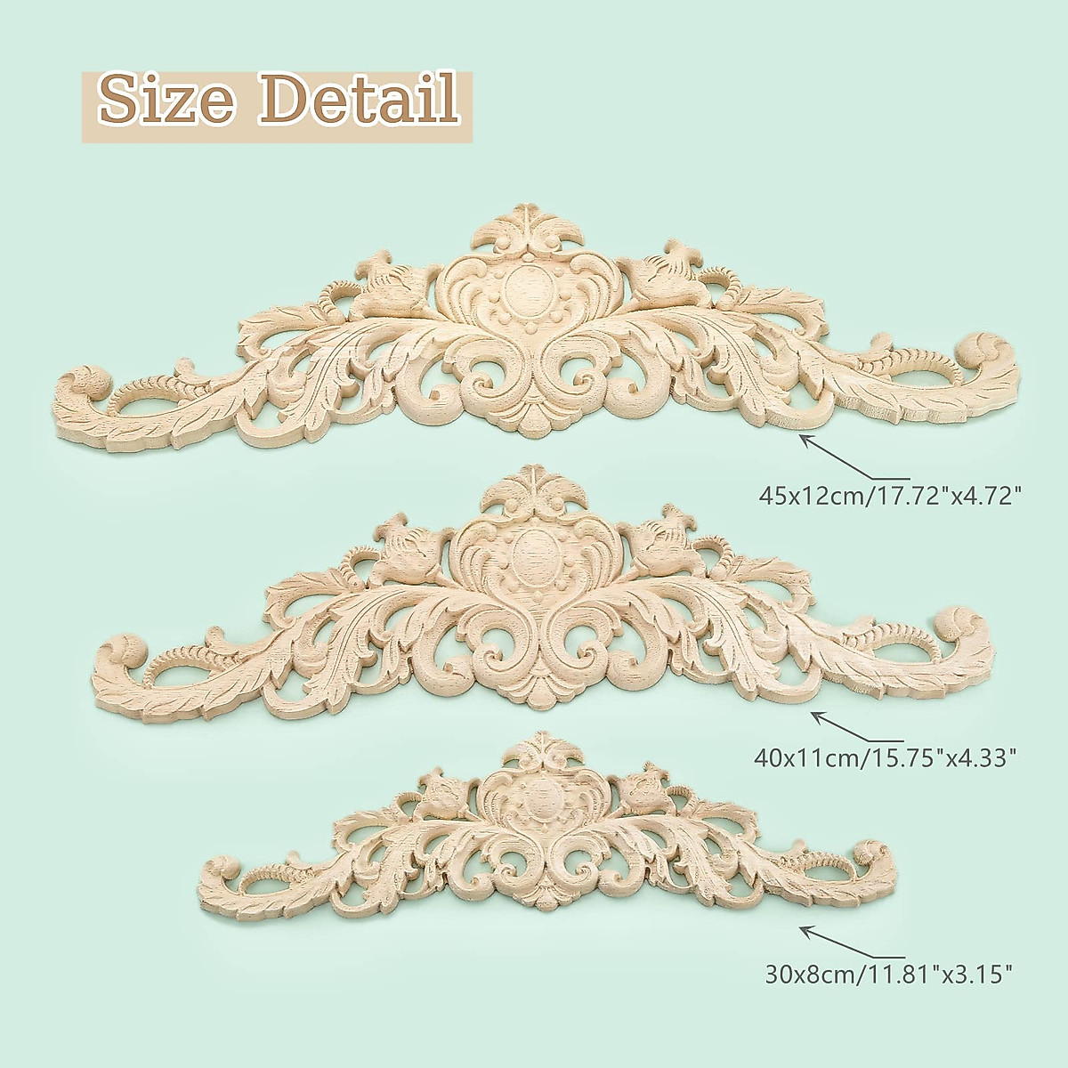 MUXSAM Long Wood Carved Appliques Onlays, 1-Pack Unpainted Decorative Corner Carving Decals Set for Wall Door Cabinet Mirror Closet Wardrobe Dresser Mantel Staircase DIY Project, 30x8cm/11.81"x3.15"