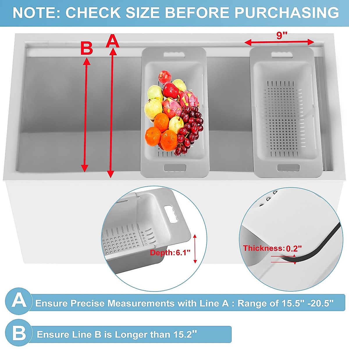 Adjustable Deep Freezer Organizer Bins, 2-PACK Chest Freezer Baskets, Expandable Freezer Storage Bins with Handle, Freezer Organization Accessories for Kitchen (Grey)