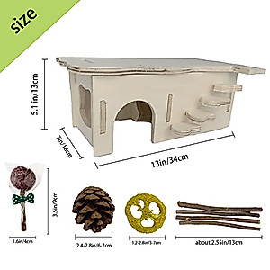 MUYG Wood Hamster House,Natural Wooden Chinchilla Hut with Steps Window Multi-Chamber Small Animal Hideout Maze Habitat Decor for Dwarf Mice,Rats,Syrian Mouse, Gerbils, Chinchilla (L)