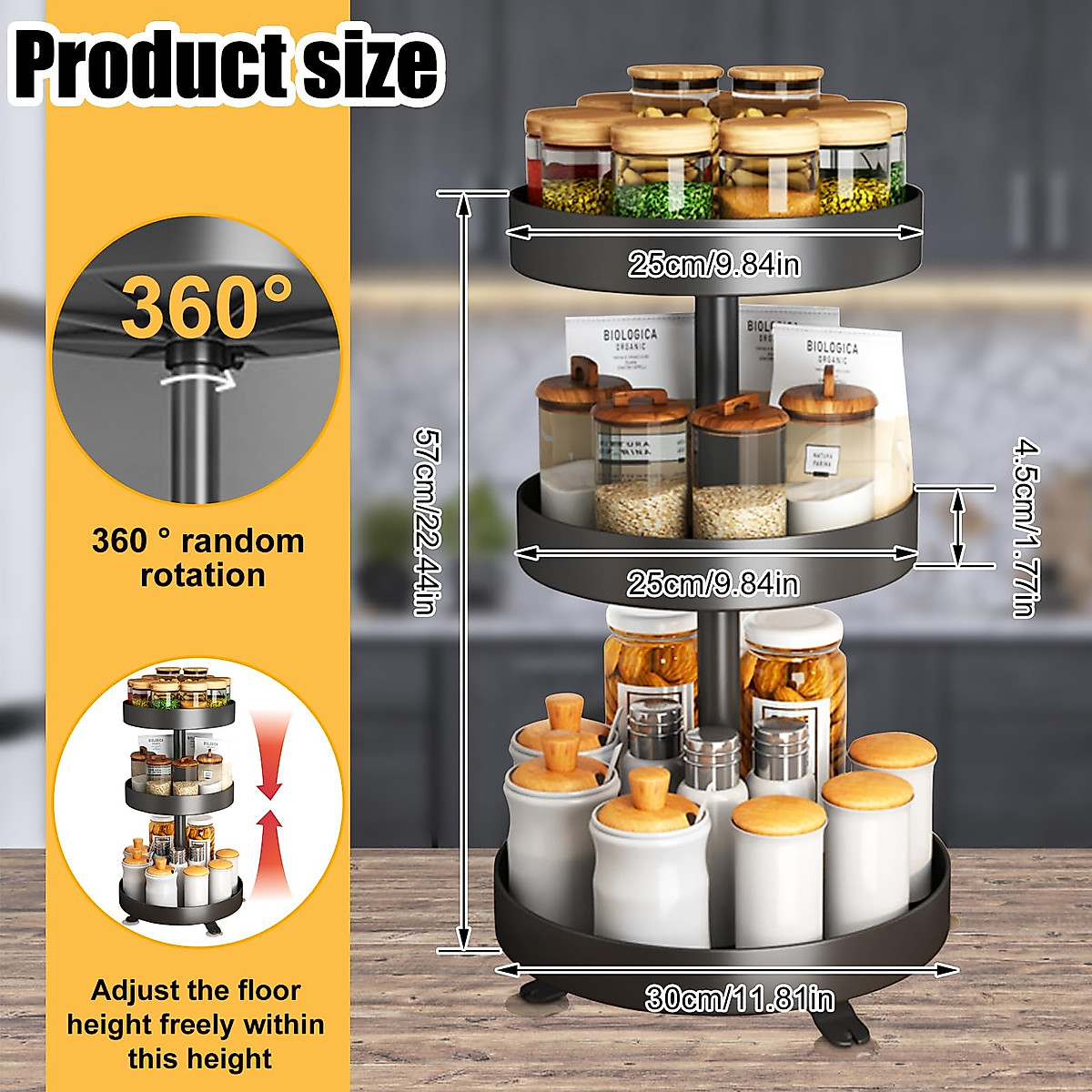 Lazy Storage Rack, 3 Tier Metal Steel Rotating Spice Rack Metal Steel Rotating Spice Rack with Turntable for Kitchen Pantry Cupboard Table, 10" Black