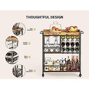 Gizoon 3 Tier 38" Home Bar Serving Cart with Large Storage Space, Mobile Kitchen Storage Trolley with Lockable Wheels, 12 Wine Rack, Glass Holder, Removable Tray (Retro)