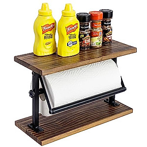 MyGift Kitchen Countertop Paper Towel Holder and Condiment Display Shelf Rack, Rustic Burnt Wood and Metal Towel Dispenser with Top Shelf for Bathroom or Kitchen