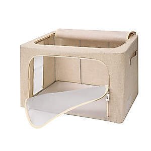 FHSQX Clothes Storage Bins,Foldable Clothing Storage Box,Stackable Steel Frame Oxford Fabric Organizer with Clear Window & Carry Handles (Beige, (15.7 * 12 * 8) x2)