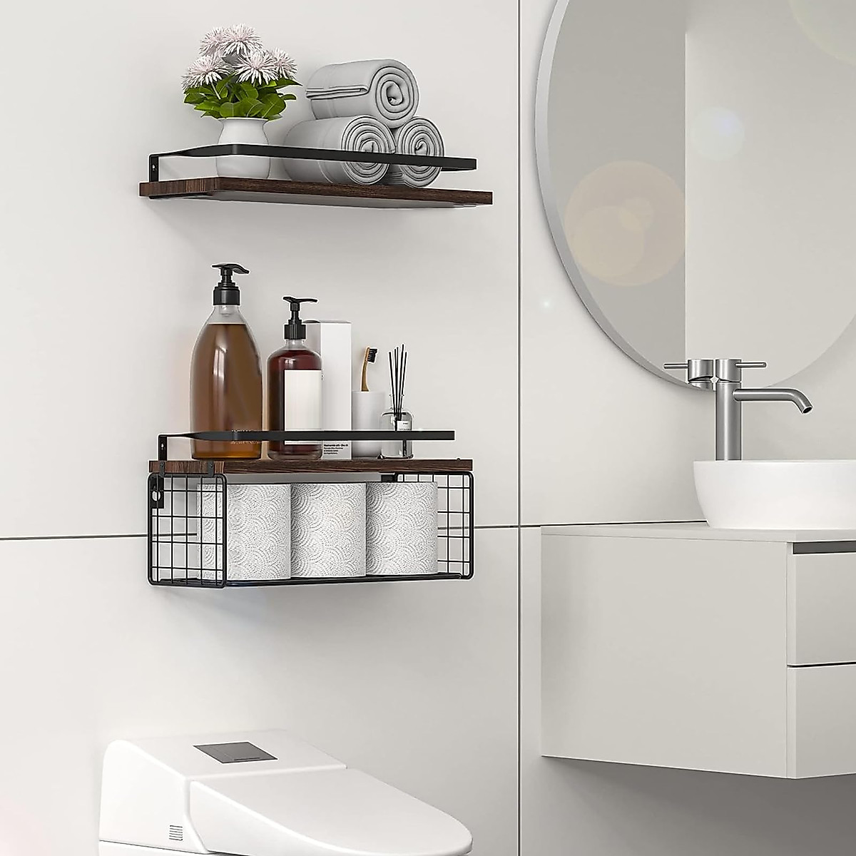 2Pcs Wall Mount Wooden Floating Shelves Metal Wire Mesh Basket Large Capacity Bathroom Shelves Over Toilet Storage Holder Organizer Rack for Bathroom, Kitchen, Living Room, Wall Decor Light Brown