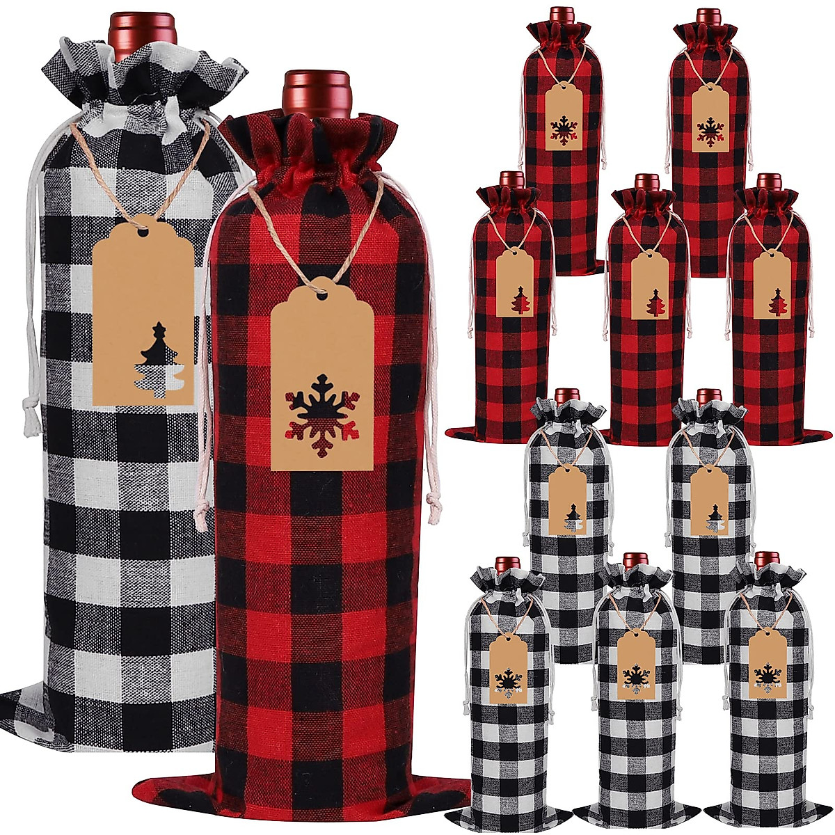 DULEFUN 12pcs Christmas Wine Bags, Christmas Wine Burlap Bags Buffalo Plaid Wine Bags Reusable Xmas Wine Bottle Clothes Covers for Christmas Wedding New Year Holiday Party Decor