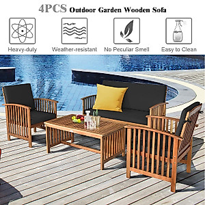 Tangkula Outdoor 4 PCS Acacia Wood Sofa Set w/Water Resistant Cushions, Padded Patio Seating Chat Set w/Coffee Table for Garden, Backyard, Poolside (1, Black)