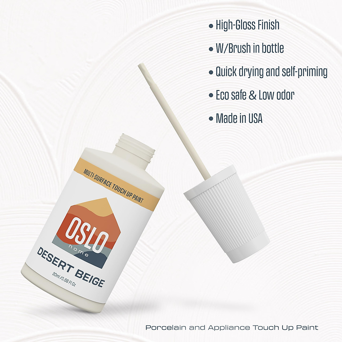 Oslo Home Porcelain + Appliance Touch Up Paint, Desert Beige, 20ml, High Gloss, w/Brush in Bottle, for Bathroom Fixtures, Metal