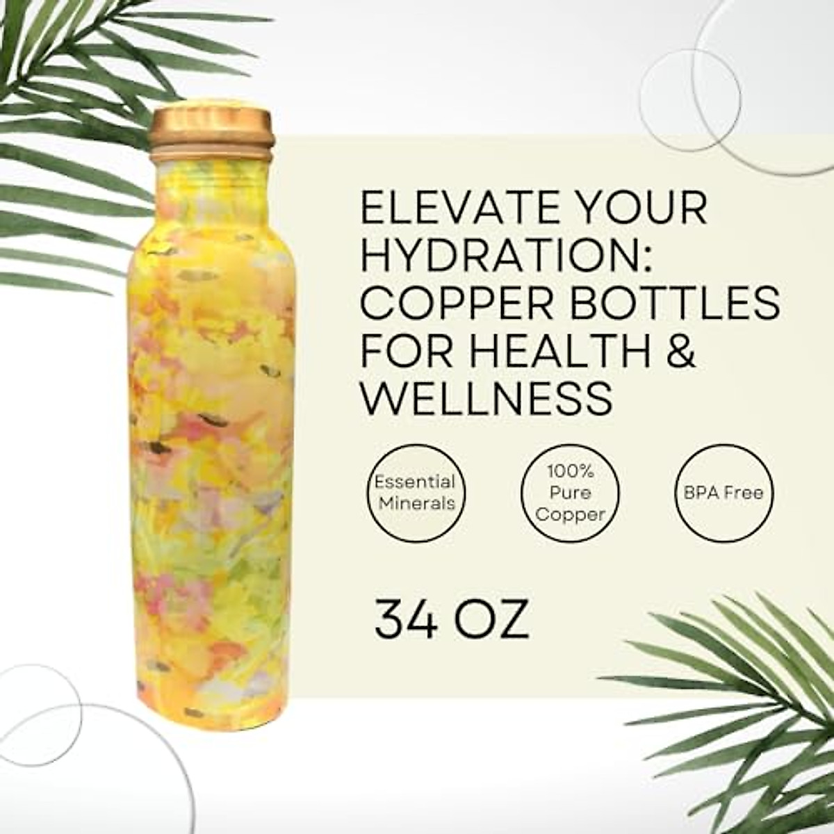 Perilla Home Copper Water Bottle 34 Oz Leak Proof 100% Pure - An Ayurvedic Copper Vessel - Drink More Water And Enjoy The Health Benefits Immediately/Yoga Bottle (Printed 5)