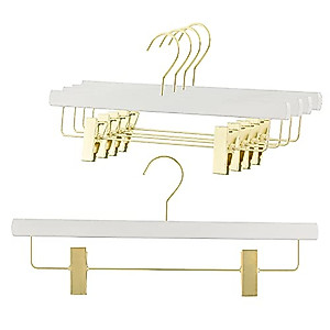 MAWA by Reston Lloyd, European Wooden Hanger, Beech Wood Hanger with Adjustable Pant Clips, Rotating Gold Hook, White Finish, for Pants, Shorts, & Skirt Clothes Hanger