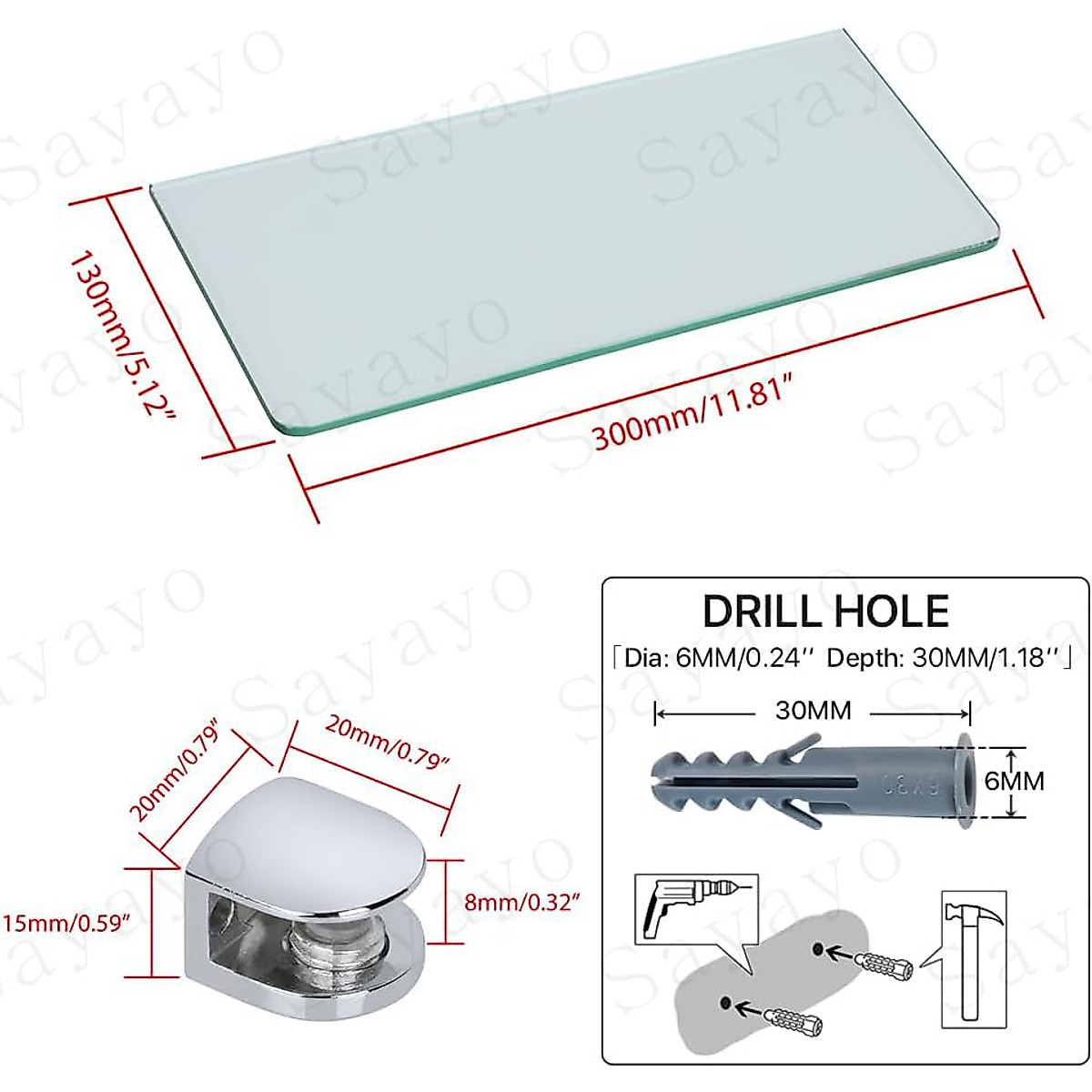 SAYAYO Floating Shelves for Wall, Tempered Glass Shelves for Bathroom, Living Room, Bedroom, Office, Toilet, Kitchen Decor, 12Inch Set of 2, Clear