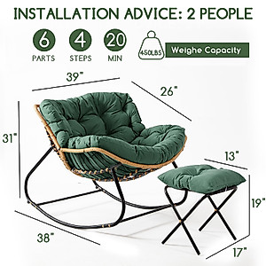 HIGOGOGO Giant Patio Rocking Chair, Indoor Outdoor Egg Freestyle Papasan Chair with Cushion and Frame, Comfortable Leisure Lounge Chair for Living Room, Bedroom, Porch, Garden, Green