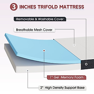 Trifold Mattress, Foldable Mattress with Breathable & Washable Cover, 3 Inch Twin Floor Mattress for Camping, Guest, Floor RV, CertiPUR-US Certified, Folding Mattress Topper - 75" x 38" x 3" (TWIN）