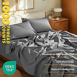 Shilucheng 100% Egyptian Cotton King Size Sheets Set - 1000 Thread Count，Luxury Cotton Bed Sheets，Breathable & Cooling Bedding and Pillow Cases, 16 Inch Deep Pocket - 4 Piece (King, Grey)