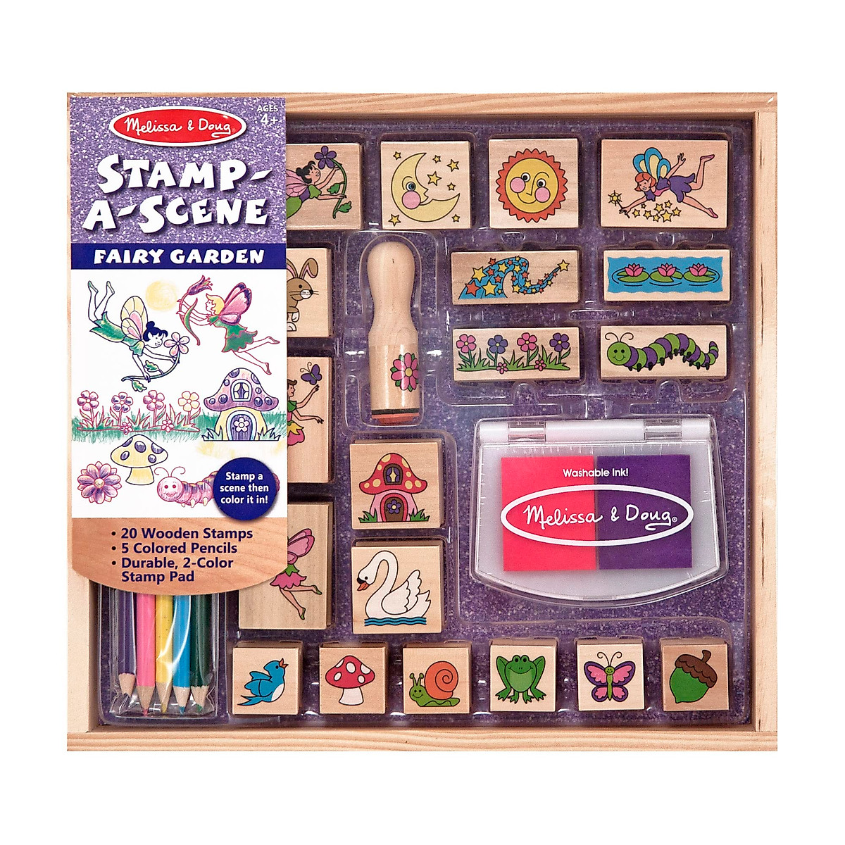 Melissa & Doug Stamp-a-Scene Stamp Pad: Fairy Garden - 20 Wooden Stamps, 5 Colored Pencils, and 2-Color Stamp Pad