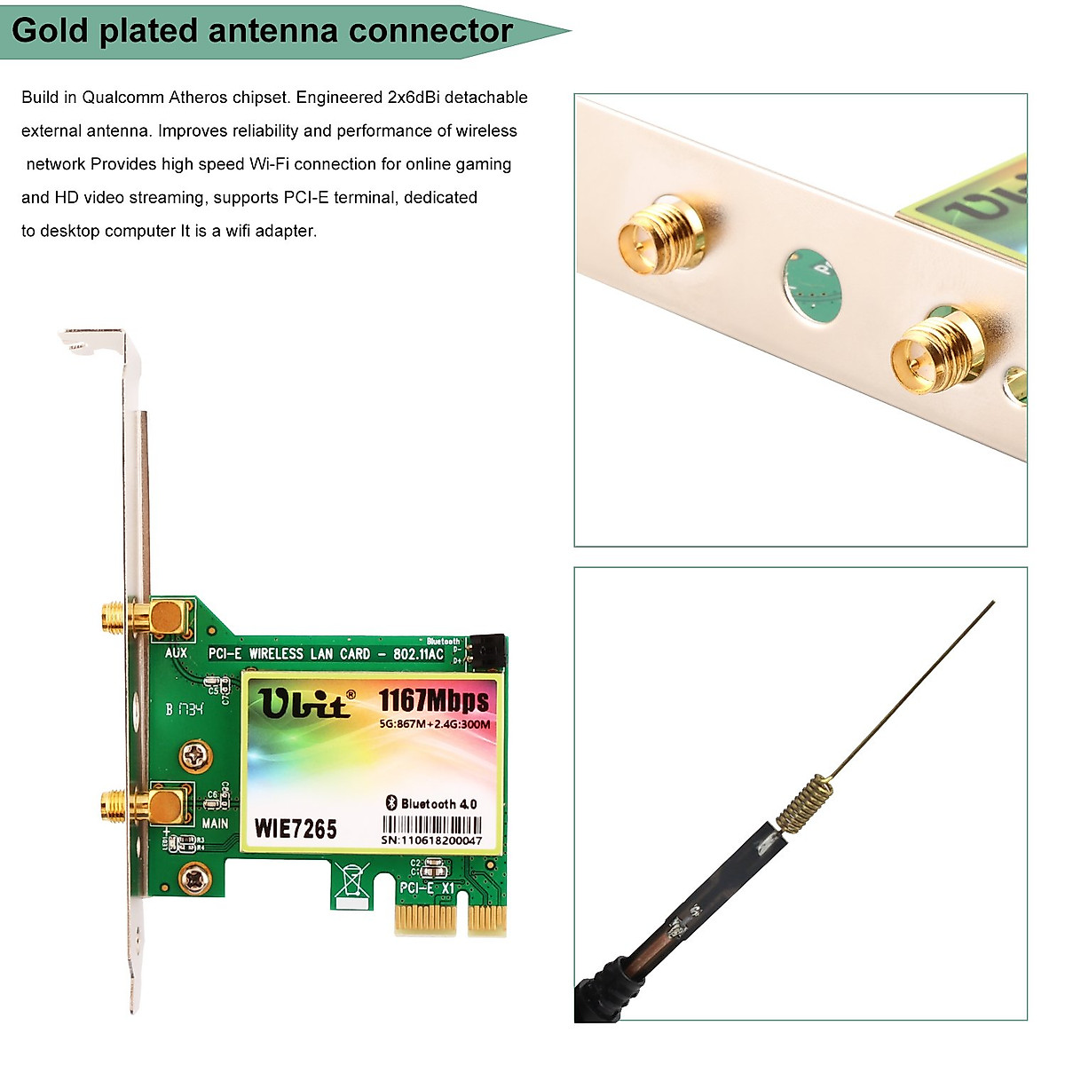 Ubit Network Card, WiFi Adapter AC 7265, AC1200Mbps pcie WiFi Bluetooth Card, 6dBi Antenna Wireless Dual Band (5G/2.4G) WiFi Card for Desktop pc