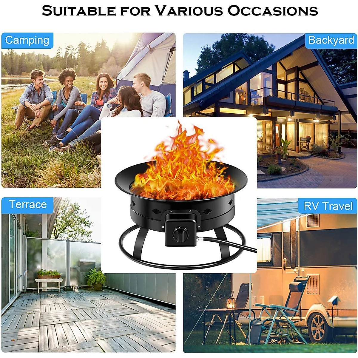 Renatone 58,000 BTU Propane Fire Bowl, 19 Inch Outdoor Camping Fire Bowl with PVC Cover, Tank Stabilizer Ring, Handles, Smokeless Fire Pit for RV, Camping, Backyard