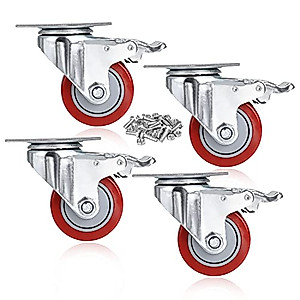 COOCHEER Casters, 3'' Heavy Duty Casters, Load 1200lbs, Lockable Bearing Caster Wheels with Brakes, 360-degree Top Plate Swivel Casters for Furniture and Workbench, Casters Set of 4, Red (Free Screws)