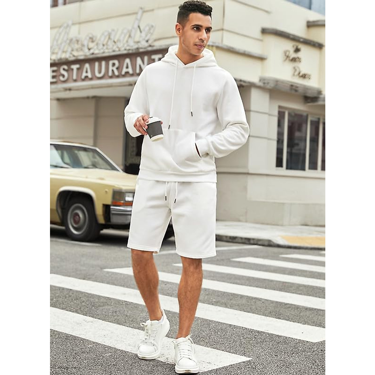 JMIERR Mens Track Suits 2 Piece Set Airport Outfits Long Sleeve Hoodie Sweatshirt & Joggers Shorts Fall Tracksuit Sweatsuits Airport Sets with Pockets,X-Large,1White
