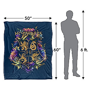Harry Potter Blanket, 50"x60", Hogwarts Multi-Colored Floral Crest Silky Touch Sherpa Back Super Soft Throw Blanket