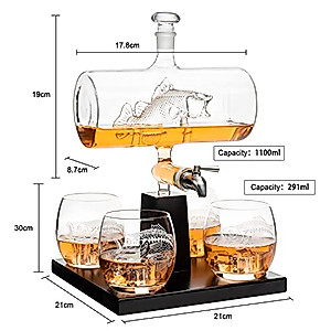 Bass Fish Wine & Whiskey Decanter Set 1100ml by The Wine Savant with 4 Bass Whiskey Glasses, Fishing Gifts, Fisherman Gifts, Boating Gifts, Drink Dispenser Scotch, Bourbon,Gifts for Dad