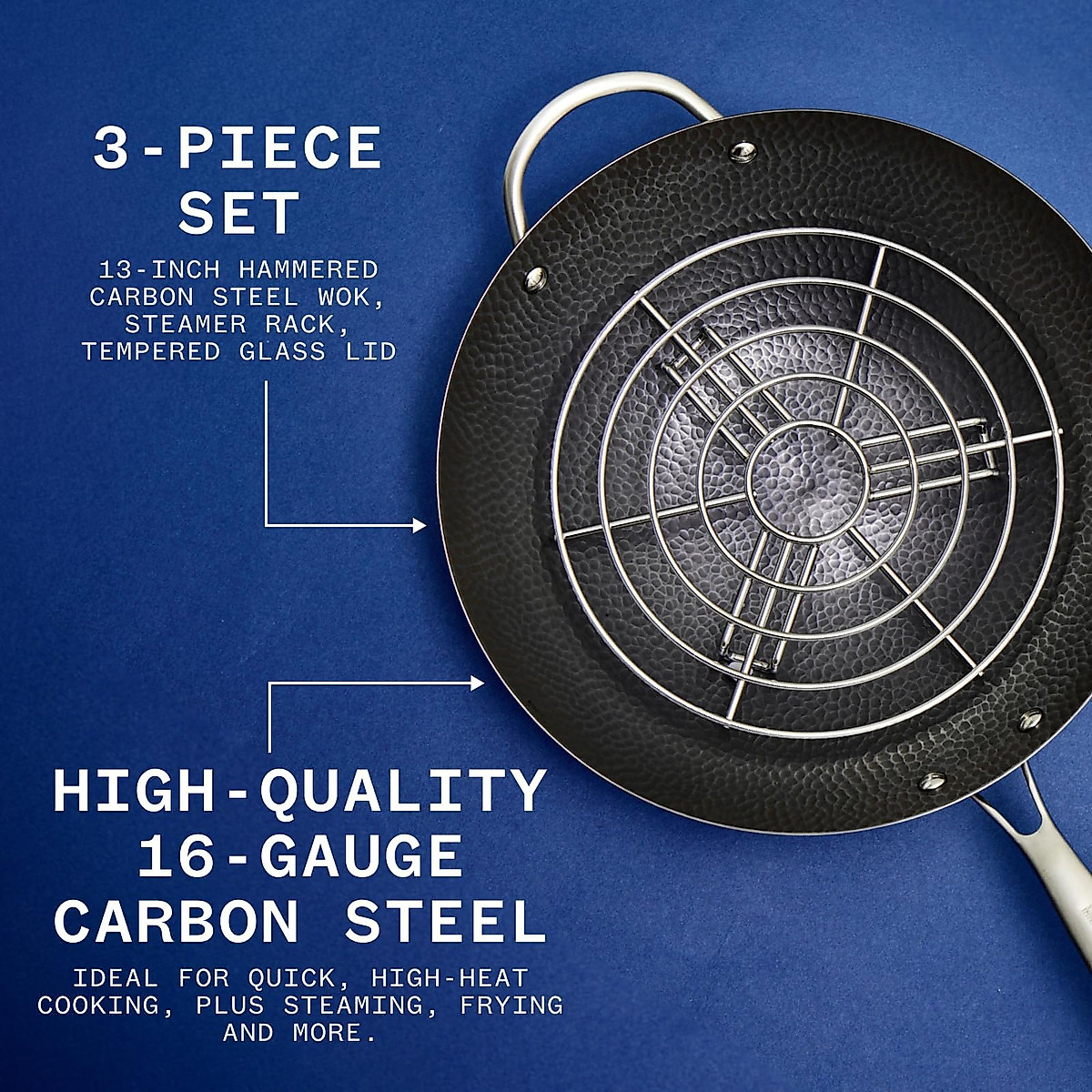 Milk Street 3-Piece 13-Inch Wok Body, Hammered Carbon Steel Flat Bottom Wok, Ideal for Stovetop Cooking