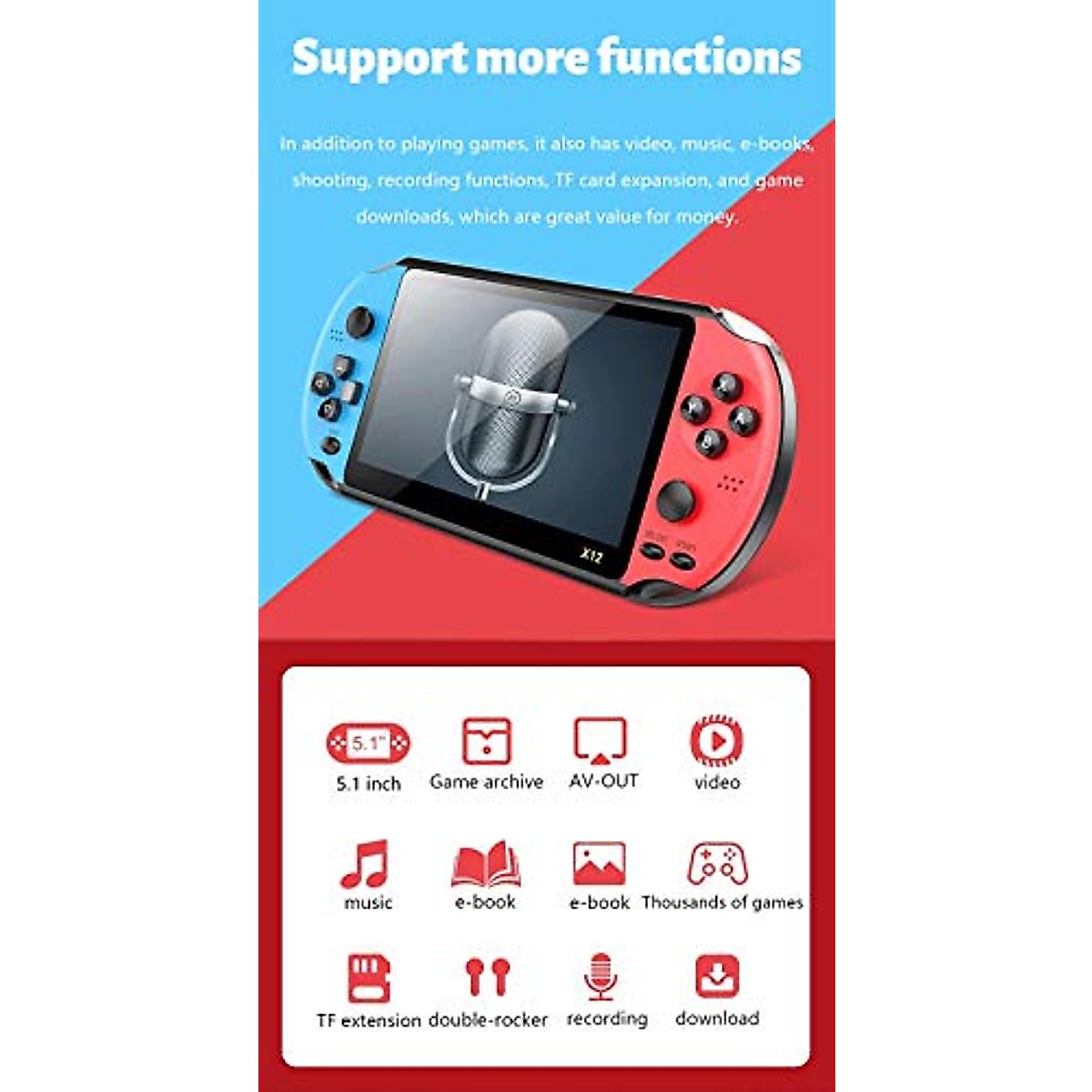 CZT New 5.1-inch Retro Video Game Console Build in 4800 Games of 9 emulators Handheld Portable Game Console Supports MP3/MP4/E-book with Rechargeable Lithium Battery mp3 mp4(Bluered)