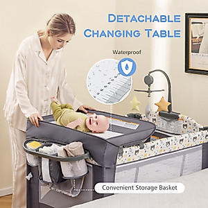 INFANS Pack and Play, 5 in 1 Baby Bedside Sleeper with Bassinet, Diaper Changer, Mattress, Carry Bag, Music Box Hanging Toys, Foldable Bedside Crib, Portable Playard for Newborn Toddlers (Bear)