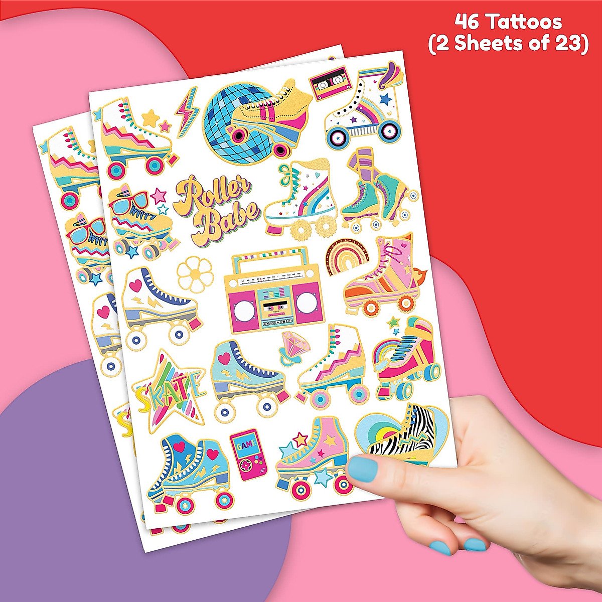 80’s Theme Roller Skate Glitter Skating Temporary Tattoos Birthday Party Supplies Decorations Favors Decor Cute 90s Tattoo Stickers Tattoo Gifts for Kids Girl Boy School Prizes Rewards Carnival 46 PCS