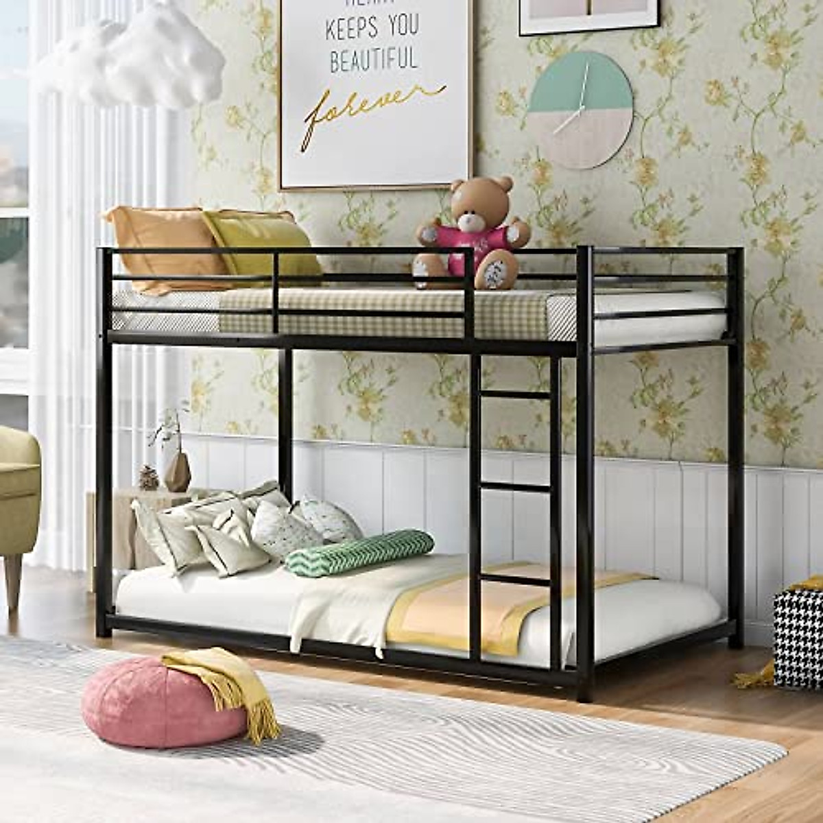 Epinki Metal Bunk Bed, Twin Over Twin, Low Bunk Bed with Ladder, Black Bed Frame, Easy Assembly