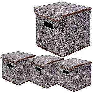 BeigeSwan Storage Bin [Set of 4] Linen Fabric Foldable Container with Lid, Collapsible Organizer Boxes Cubes ¨C 10 x 10 x 10 Inches (Gray)