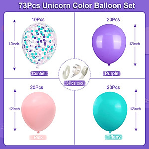 BBeiPulAs 73Pack Pink Purple Blue Balloons 12 Inch Pink Teal Purple Balloons Confetti Latex Balloons for Unicorn Themed Gabby Dollhouse Party Birthday Decorations