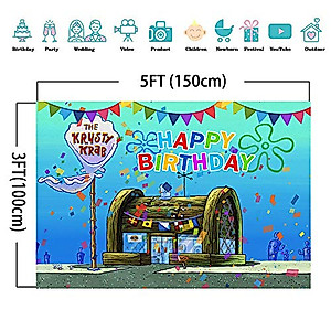 Cartoon Animation Spongebob Theme Photography Backdrop Children Happy 1st Birthday Party Decorations Banner The Krusty Krab Photo Background Vinyl 5x3ft Baby Shower Booth Studio Props