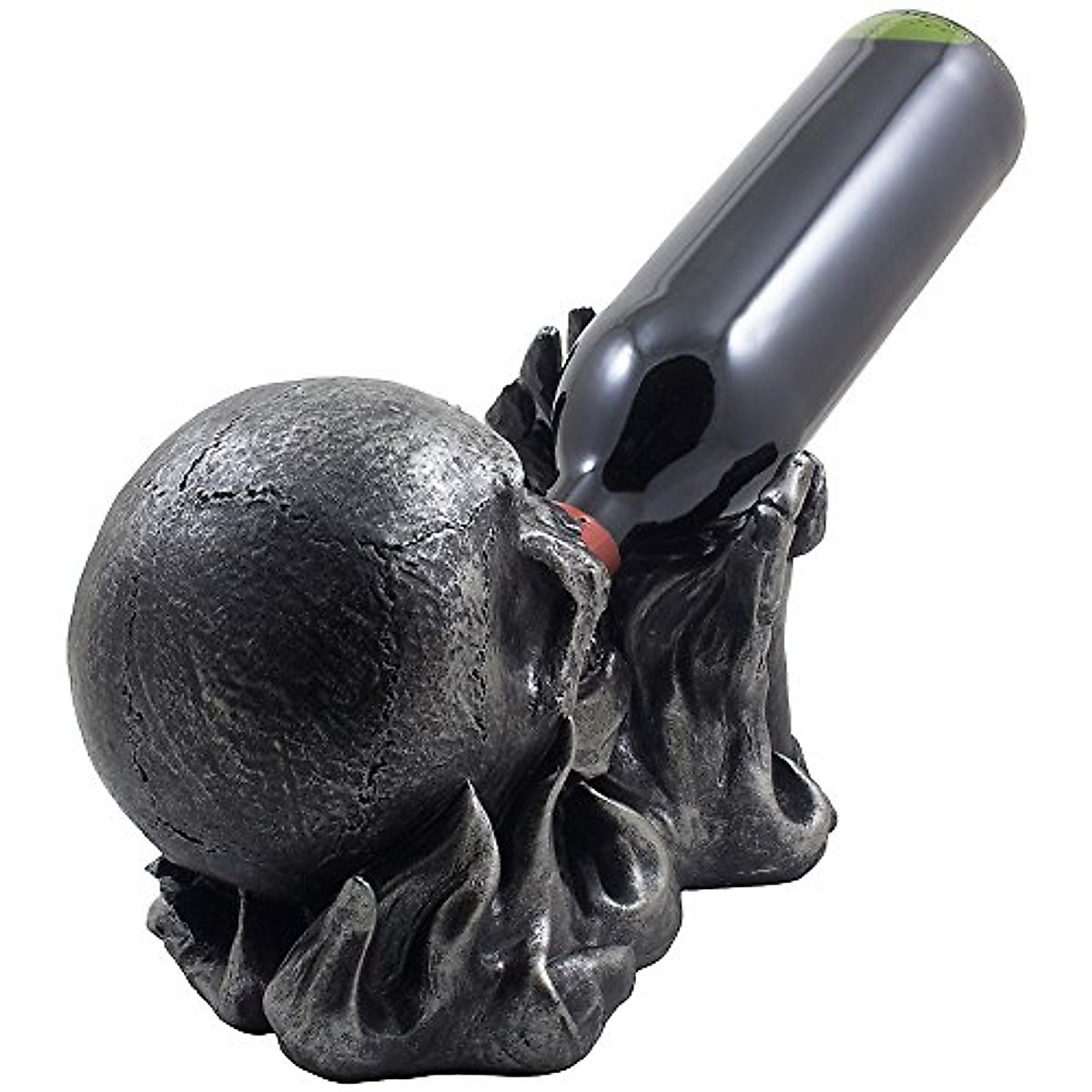 Evil Skull Rising from Flames Wine Bottle Holder Statue in Metallic Look for Scary Skeleton Halloween Party Decorations or Spooky Gothic Bar Decor As Gifts for Man Cave?