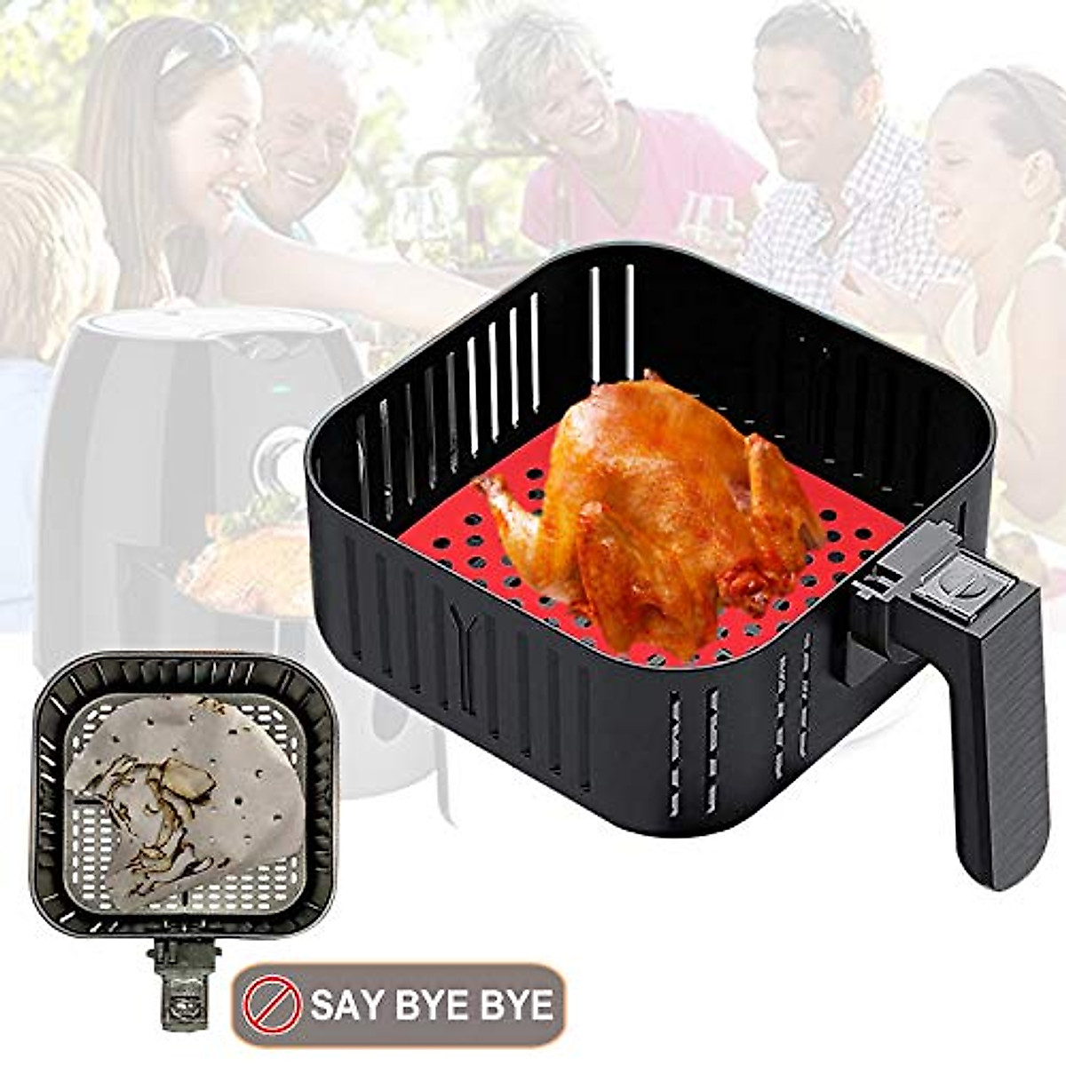 3 PCS Reusable Air Fryer Liners,Square Air Fryer Silicone Liners for Air Fryer Basket,Non-Stick Air Fryer Accessories Basket Mats Replacement for Parchment Paper, BPA Free. (Black Red Green, 8.5 in)