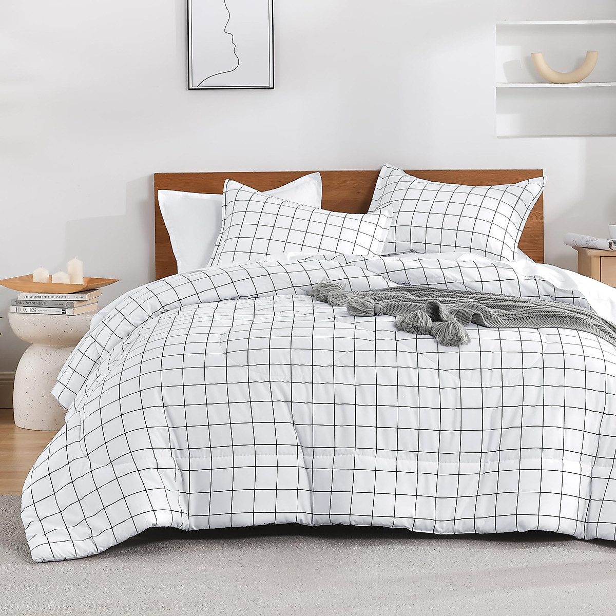 Andency Twin Size Comforter Set for Kids, 2 Pieces Black Striped White Grid Geometric Bedding Comforter, All Season Soft Lightweight Microfiber Down Alternative Bed Set for Boys Girls