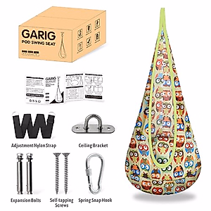 GARIG Pod Swing for Kids, Hanging Pod Swing Seat with Inflatable Pillow, Cartoon Pattern Kids Hammock Swing Chair for Indoor and Outdoor, Max Weight 180lbs (Kit, Owl)