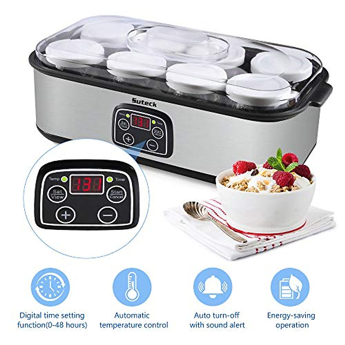 Automatic Yogurt Maker Machine Digital LCD Display with Constant Temperature Control 8 Glass Greek Jars and Lids 48 Ozs Stainless Steel Design for Home Kitchen Use.