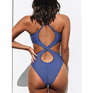 CUPSHE Women Crisscross Back Ruched One Piece Swimsuit Cut Out V Neck High Cut Thin Straps Bathing Suit,M Blue