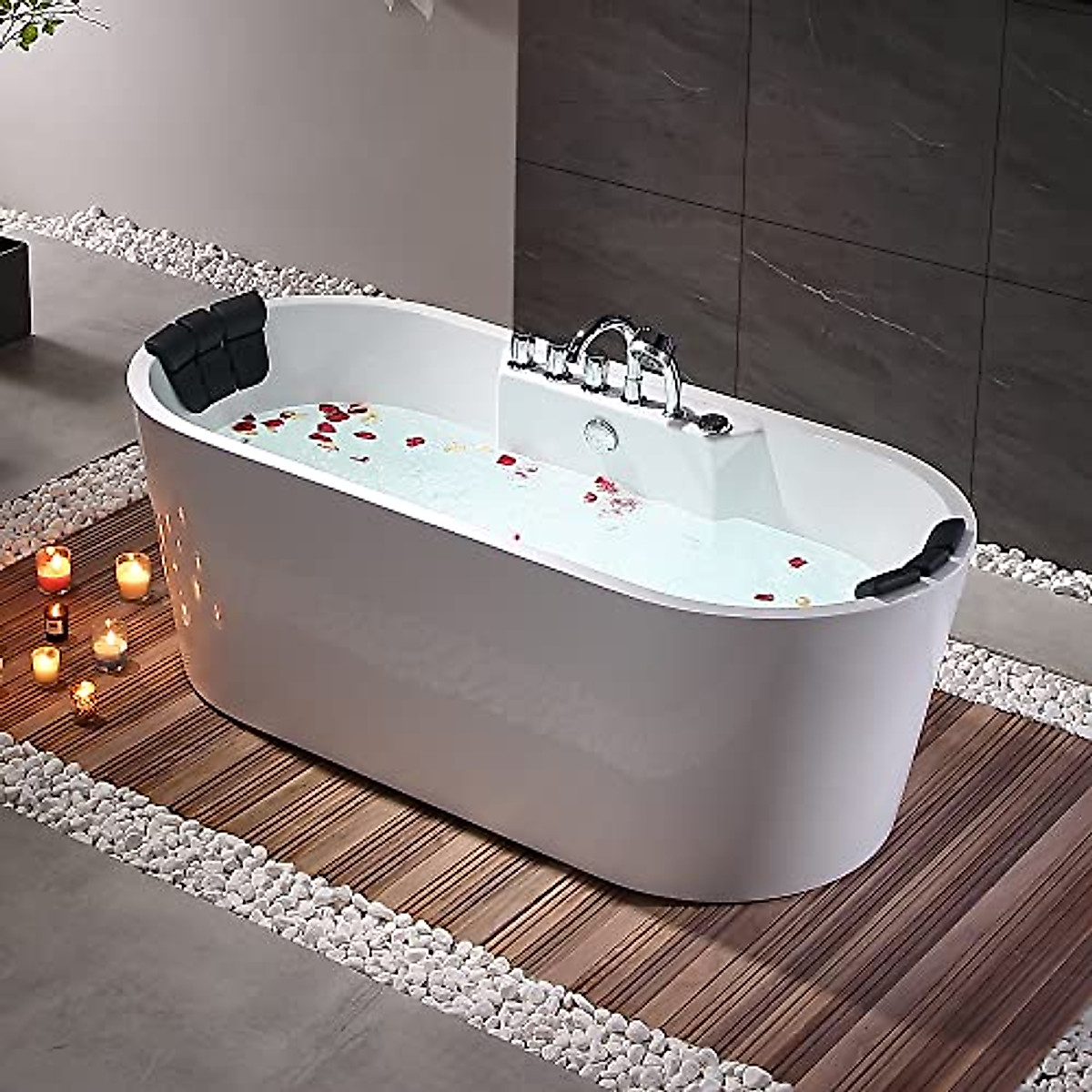 Empava 67 in. Acrylic Freestanding Tub Hydromassage Gracefully Oval Shaped Whirlpool 8 Water Jets Soaking SPA, Double-Ended Massage Bathtub with 2 Pillows , White