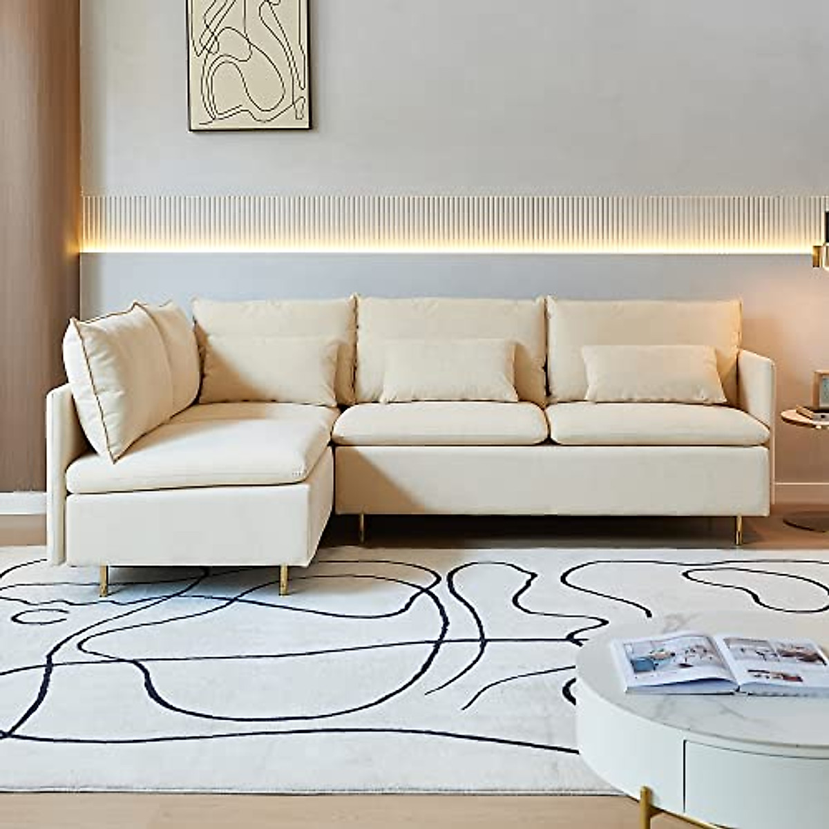 GreatHome L-Shaped Modular Sectional Couch, 4-Seater Corner Sectional Sofa, Modern Beige Fabric L Sofa with 3 Pillows Included and Gold Metal Legs, for Small Space