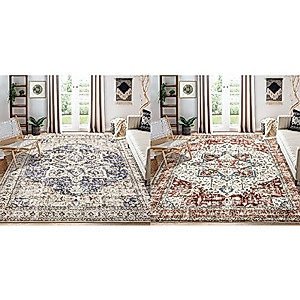 Area Rug Living Room Rugs - Cream Blue 8x10 and Red 8x10 Rug Set Vintage Oriental Distressed Farmhouse Large Thin Indoor Carpet for Living Room Bedroom Under Dining Table Home Office
