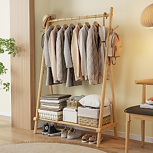 KASLANDI Solid Wood Clothes Rack, Clothing Rack with Shelf and Hook, Sturdy and Portable, Garment Rack for Hanging Clothes,Coats,Skirts,Shoes,Bags,Easy to Assemble (Natural)