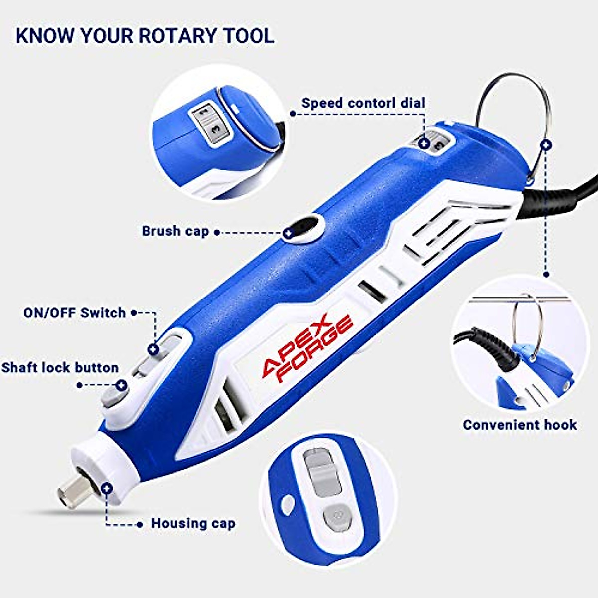 APEXFORGE M6 Variable Speed Rotary Tool Kit, Keyless Chuck & Flex Shaft, 172 Pcs Accessories, 6-Speed, 4 Attachments & Carrying Case for Craft Projects/DIY Creations/Cutting/Engraving