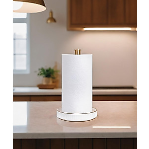 VROOMIUM Gold Paper Towel Holder Countertop, Ceramic Base Easy-to-Clean, 1.4 lbs, 7" B x 12.5" H, Stable Elegant and Durable Kitchen Roll Stand
