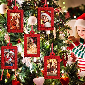 20 Pieces Christmas Photo Ornament Frames Christmas Tree Glitter Picture Frame Felt Hanging Photo Frame for Holiday Decoration (Rectangle, Red)