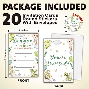 20 Baby Shower Invitations & Thank You Stickers - A Little Dragon Is On His Way, Adorable Dragon Invites, Envelopes & Adhesive Round Stickers, Gender Reveal, Baby Announcement Party Favor (A02)