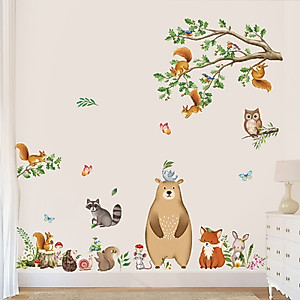 decalmile Woodland Animals Wall Decals Bundle with Squirrels on Branch Wall Stickers Baby Nursery Kids Bedroom Daycare Wall Decor