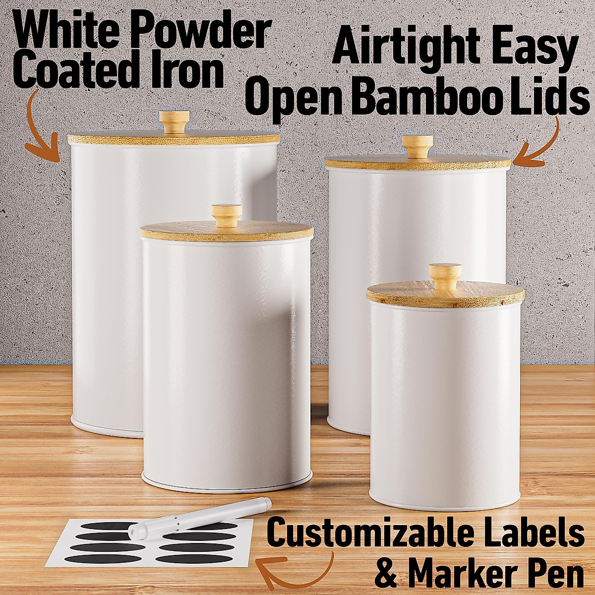 Kitchen Canisters for Countertop Set of 4 with Customizable Chalkboard Labels & Marker Pen - Big Iron Kitchen Canisters with Airtight Lids - Canisters Sets for the Kitchen - White Kitchen Canister Set